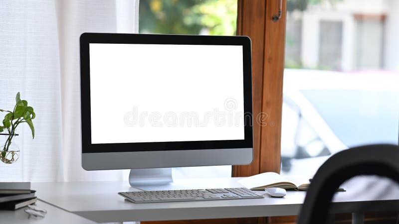 Computer with Empty Display on White Office Desk. Stock Image - Image ...