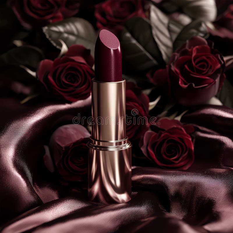 Mockup of Deep Crimson Lipstick Surrounded by Dark Roses and Satin ...