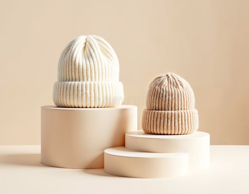 Two Knit Hats on Beige Pedestals Minimalist Product Mockup Design Stock ...