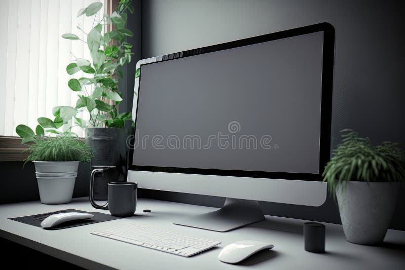 Mockup Desktop Computer Display Blank Screen on Desk. Illustration AI ...