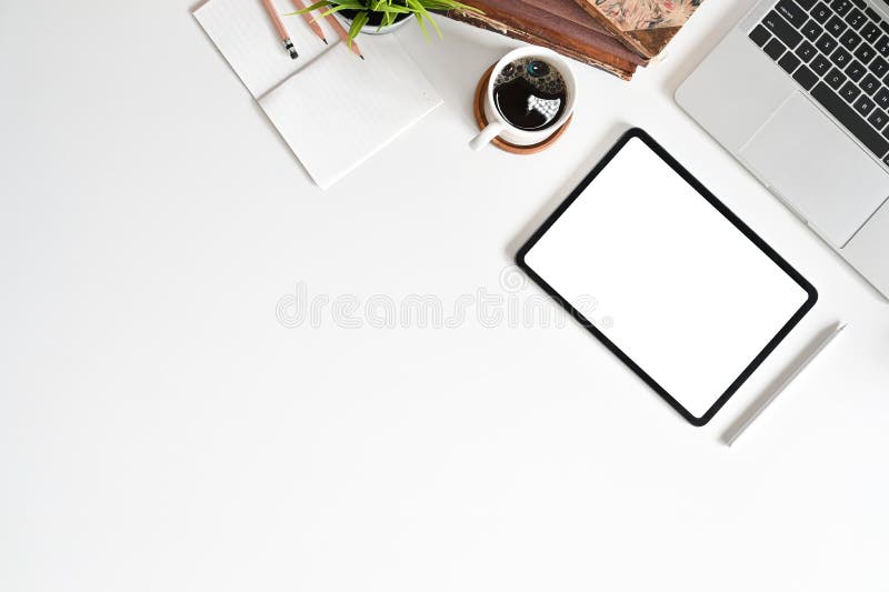 Mockup Digital Tablet on Office Desk with Copy Space Top View Table ...