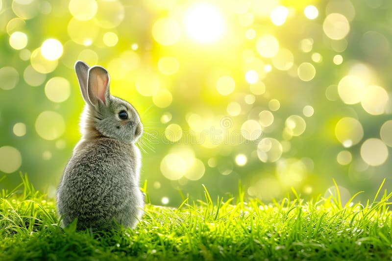 Mockup Easter Egg and Chubby Cute Bunny on Green Meadow Stock Photo ...