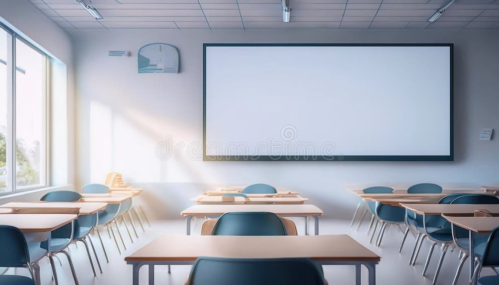 Mockup of Empty Digital Display Screen in Classroom Highlighting Learning Environment with Ample ...