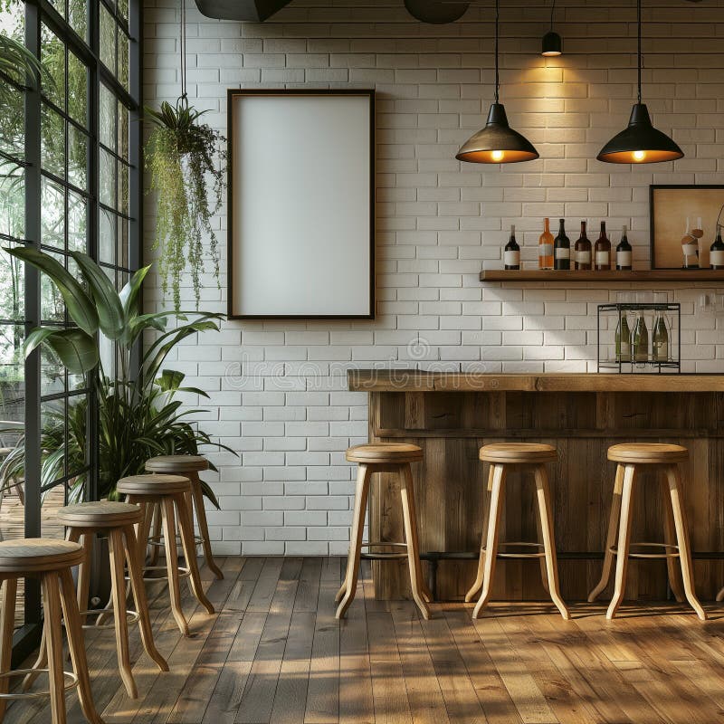 Mockup of an Empty Frame on the Wall in a Cafe with Bar Stools Stock ...