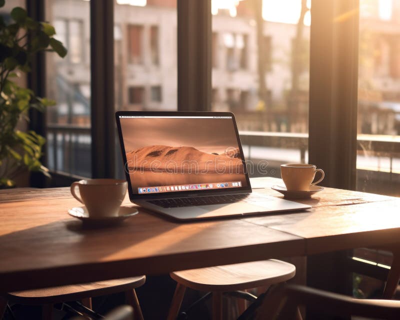 Mockup MacBook Air on a Table in a Coffee Shop Two Cups Stock ...
