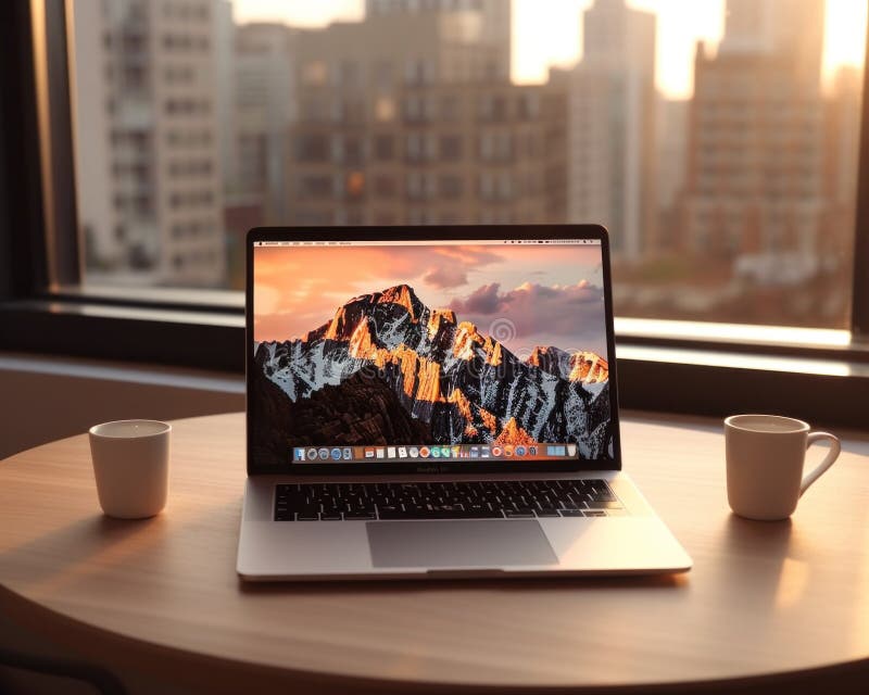 Mockup Empty MacBook Pro on a Table in an Office Stock Illustration ...