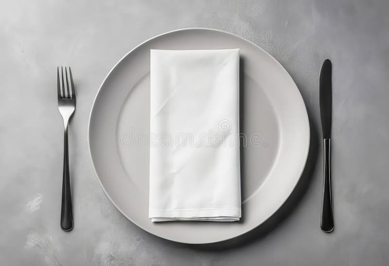 A Mockup of an Empty Menu, Plate, Cutlery, and Napkin on a Light Grey ...