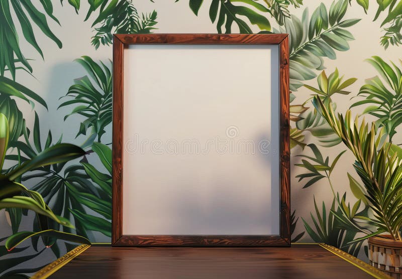 Mockup of an Empty White Poster Frame with Wooden Border Surrounded by ...