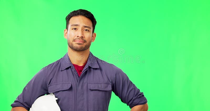 Mockup, Face and Asian Man in Engineering on a Green Screen Isolated on ...
