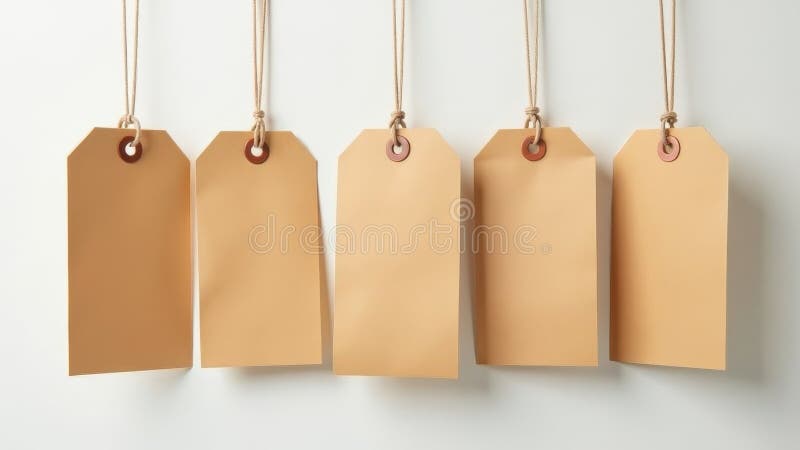 Mockup of Five Brown Text Hanging Labels Stock Photo - Image of hanging ...