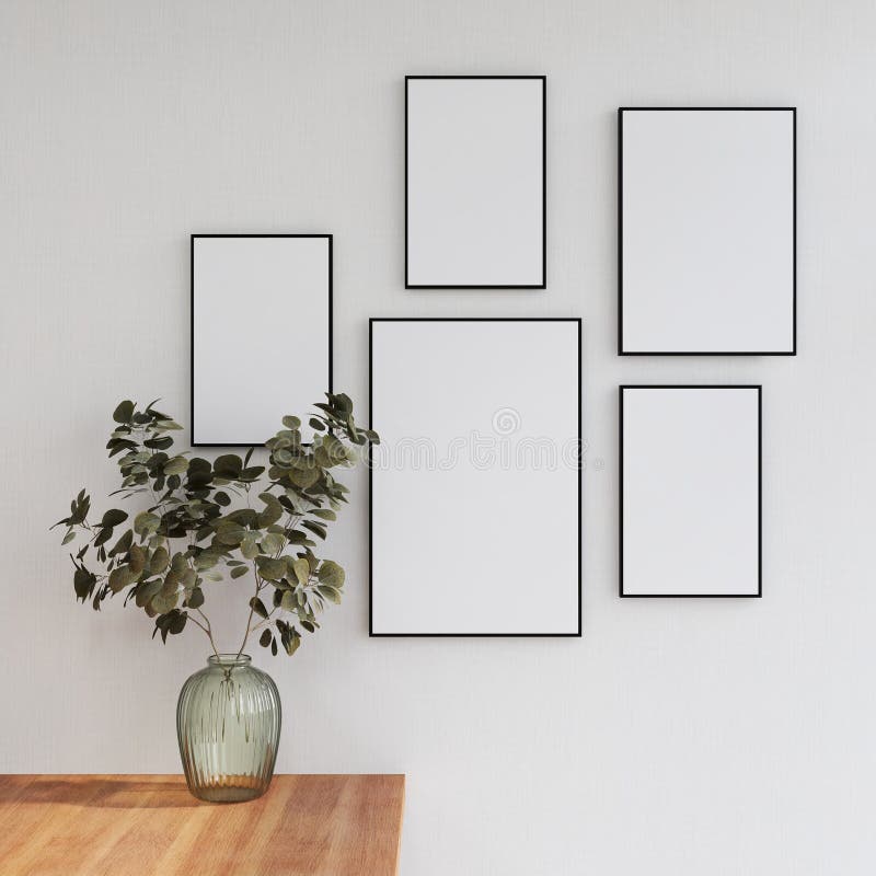 Mockup of Five Vertical Frames on a White Wall and Interior Decoration ...