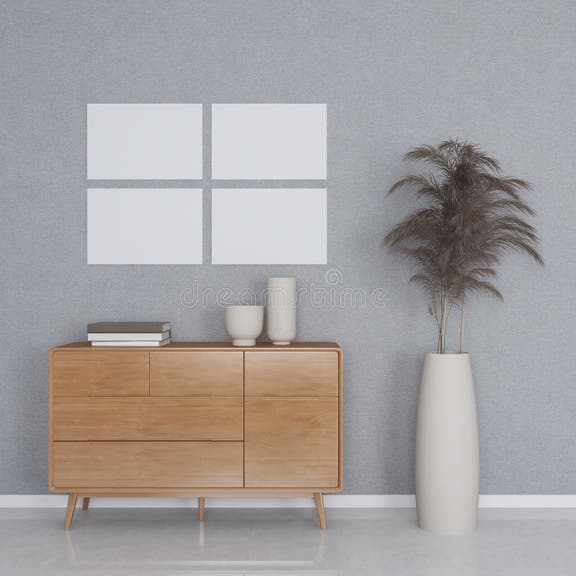 Mockup of Four Horizontal Frames on a Grey Wall and Sideboard with ...