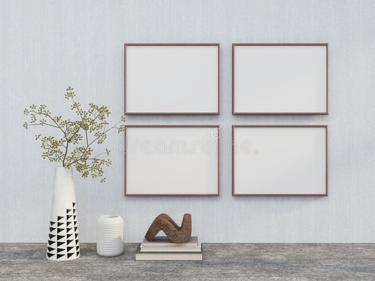 Mockup of Four Horizontal Frames on a Wall and Interior Decoration with ...