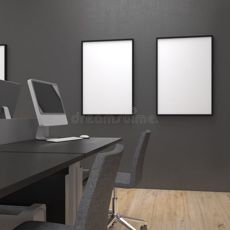 Mockup Frame on Black Wall with Working Table ,Modern Style,Poster ...