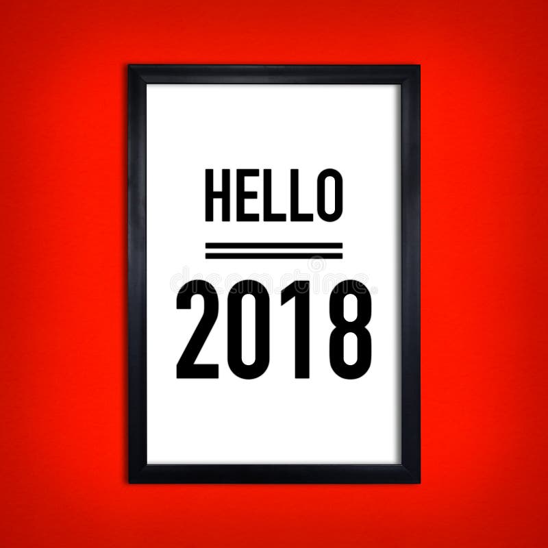 Mockup of Frame Poster on Red Wall with Text Hello 2018 Stock ...