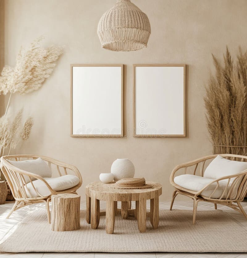 Mockup Frames in a Contemporary Nomadic Home Interior in Warm Beige Tones, Rendered in 3D Stock ...
