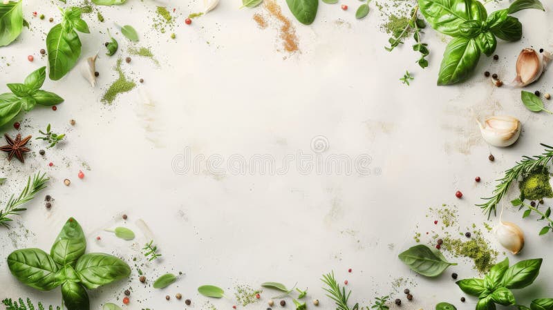 Mockup with Fresh Herbs and Spices on a Light Background for Culinary ...