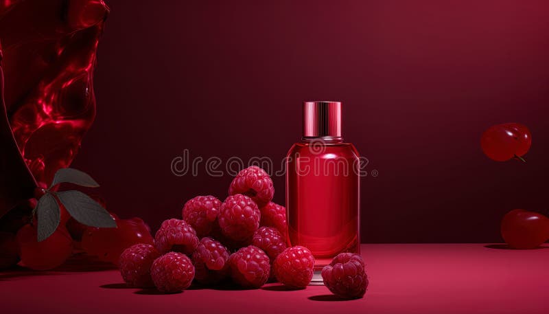 Mockup of a Glass Perfume Bottle with Red Berries on Top of the Table ...
