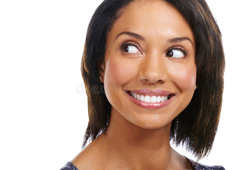 Mockup, Happy Ideas and Black Woman Thinking of Mindset, Planning and ...