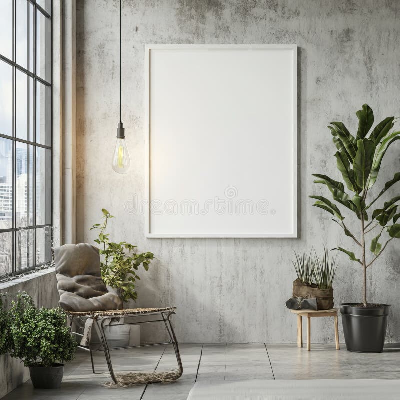 Mockup Image of a Blank White Poster on a Concrete Grey Wall in a Modern Loft Gallery Interior ...