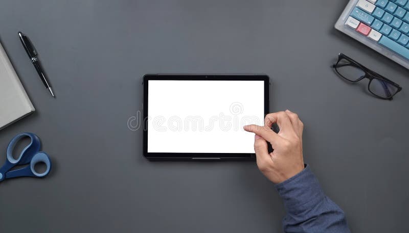 Mockup Image of Hands Holding Black Tablet Pc with Blank White Desktop ...