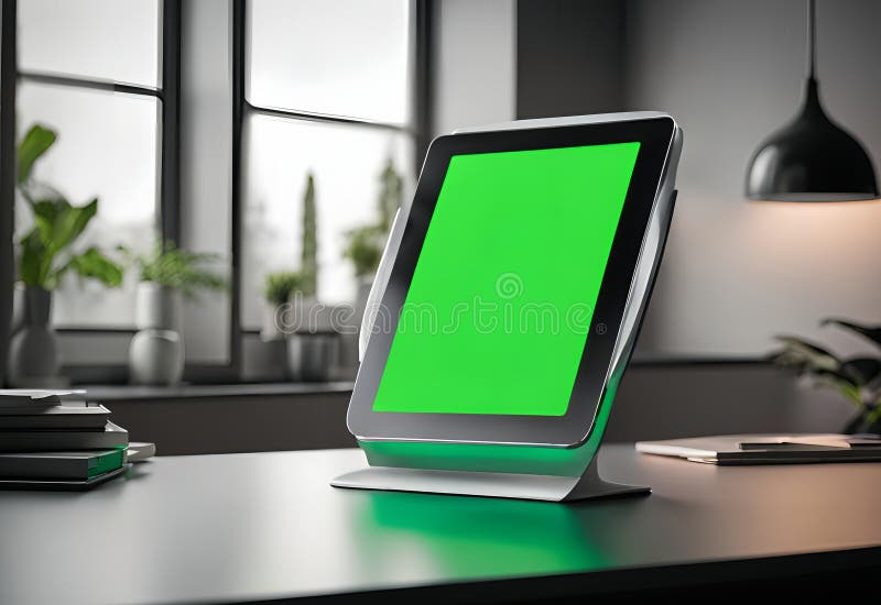 Mockup Image of a Laptop or Ipad with a Blank Green Screen on a Table ...