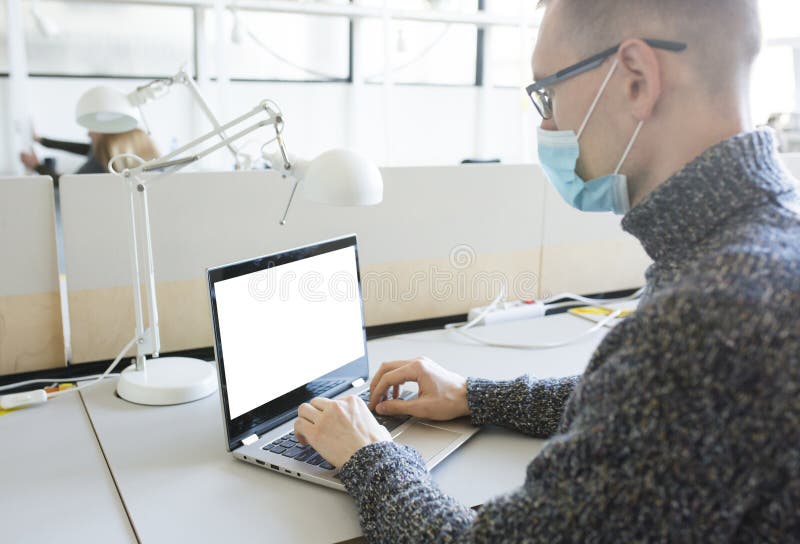 Mockup Image of Man Using Computer with Blank White Desktop Screen ...
