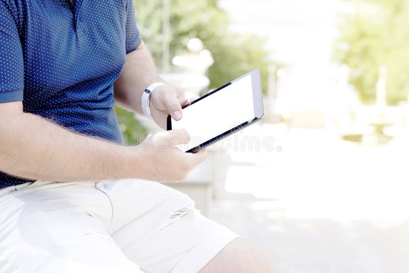 Mockup Image Screen Tablet. Men Hand Holding Texting Using Tablet at ...