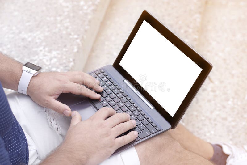 Mockup Image Screen Tablet. Men Hand Holding Texting Using Tablet at ...