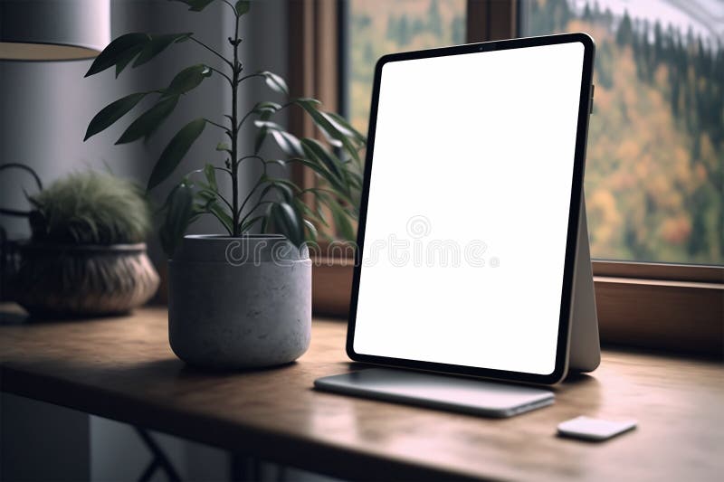 Mockup Image of a Tablet with Blank Desktop White Screen on Wooden ...
