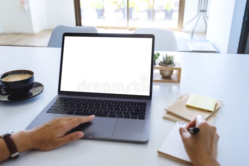 A Woman Using and Touching Laptop Touchpad with Blank White Desktop ...