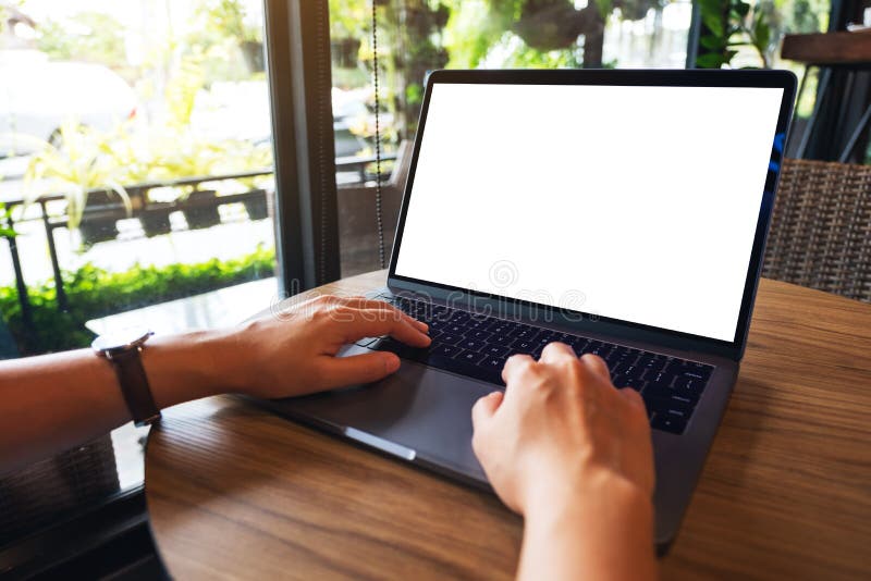 A Woman Using and Typing on Laptop Computer Keyboard with Blank White ...