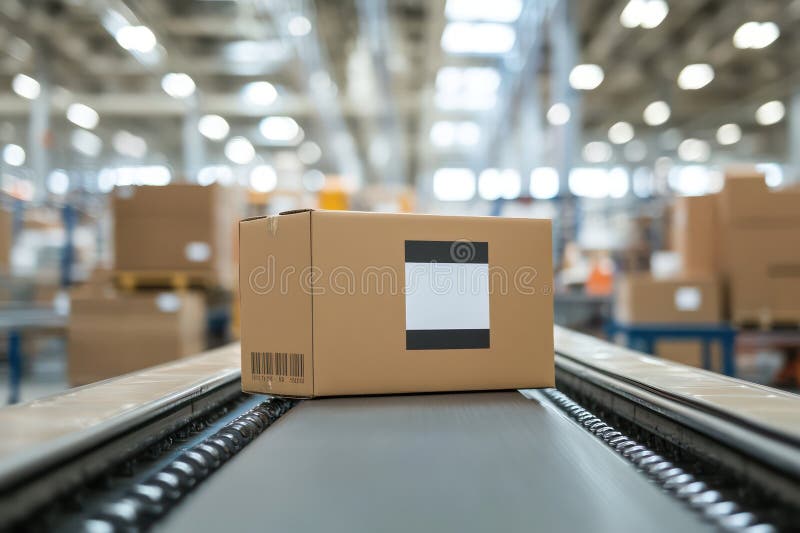 Cardboard Box on Conveyor Belt with Label Mockup Stock Photo - Image of ...