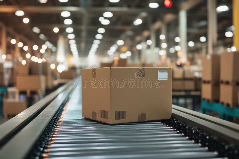 Cardboard Box on Conveyor Belt with Label Mockup Stock Photo - Image of ...