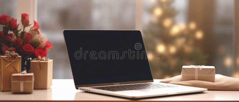 Mockup Laptop with Blank Screen and Gift Boxes on the Table . Stock ...