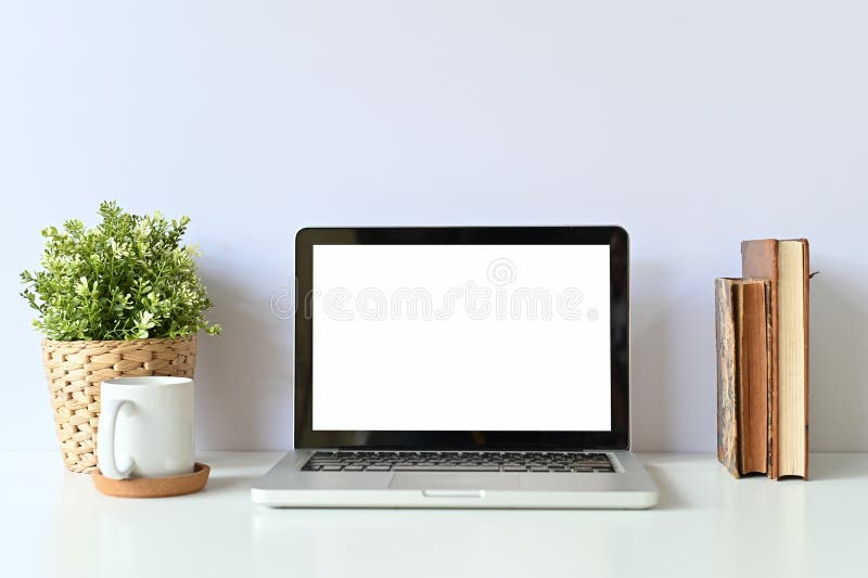 Mockup Laptop Computer, Books, Coffee and Plant Decoration on of Stock ...