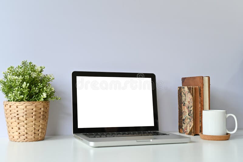 Mockup Laptop Computer, Books, Coffee and Plant Decoration on of Stock ...