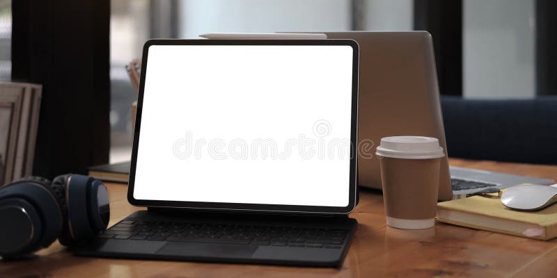 Mockup Laptop Computer, Coffee, Book on Cafe Table Stock Image - Image ...