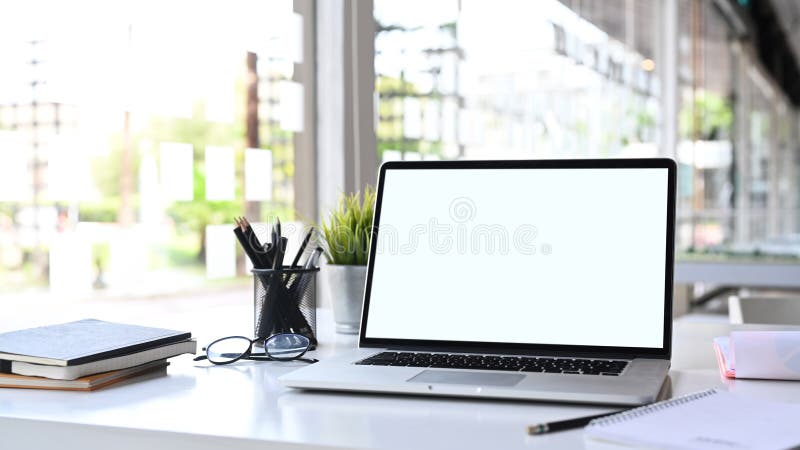 Laptop Computer, Coffee, Notebook on Modern Workspace. Stock Image ...