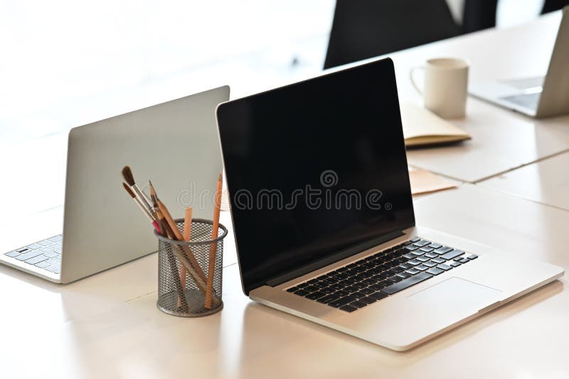 Mockup Laptop Computer on Conference Table in Meeting Room Stock Image ...
