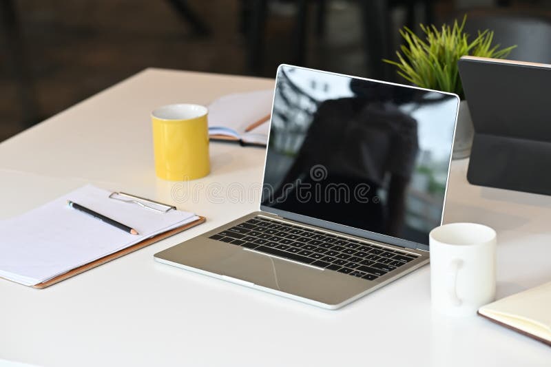 Mockup Laptop Computer on Conference Table in Meeting Room Stock Photo ...