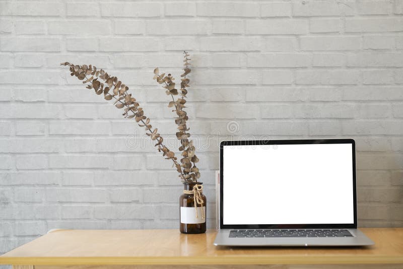 Mockup Laptop Computer with Empty Display on Wood Table Stock Image ...