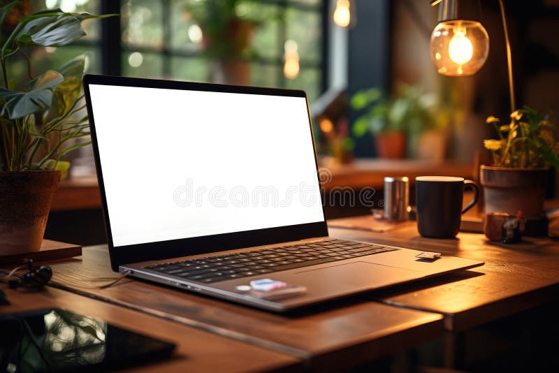 Mockup of a Laptop Screen on a Table in a Cafe. Remote Work of a ...