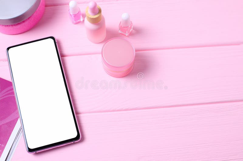Mockup Mobile Phone on Table with Cosmetics, Lifestyle Stagging Stock ...