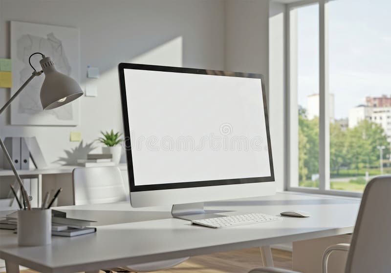 Mockup of a Modern Computer with White Screen in a Stylish Office Stock ...