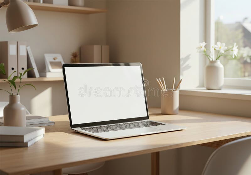 Mockup of a Modern Computer with White Screen in a Stylish Office Stock ...