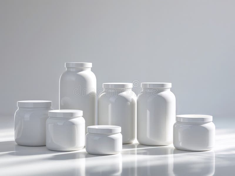 Mockup of Multiple White Storage Jars Arranged Neatly on a Clean ...