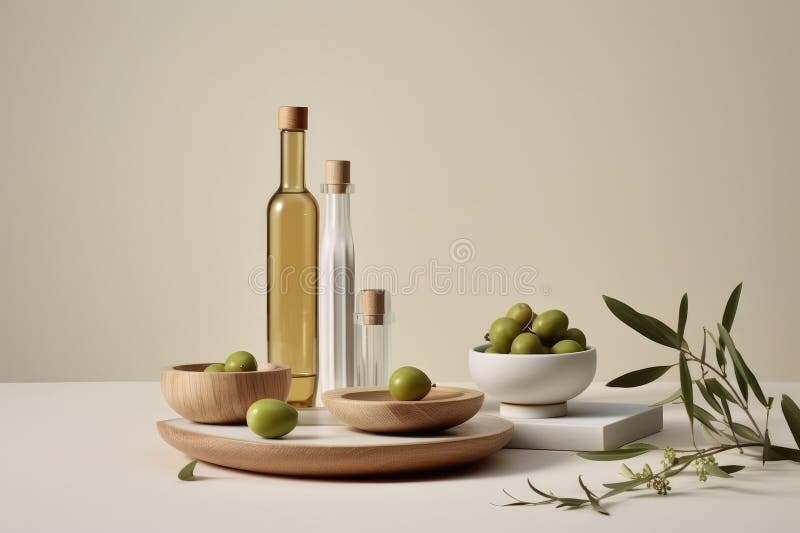 Mockup of Olive and Olive Oil Bottle on a Soft Background. Generative ...