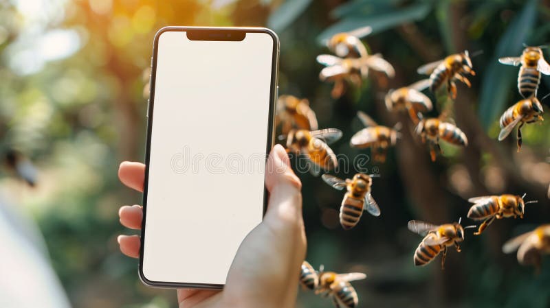 Mockup Phone Copy Space in Hand with Apiary and Bees in Background Stock Illustration ...