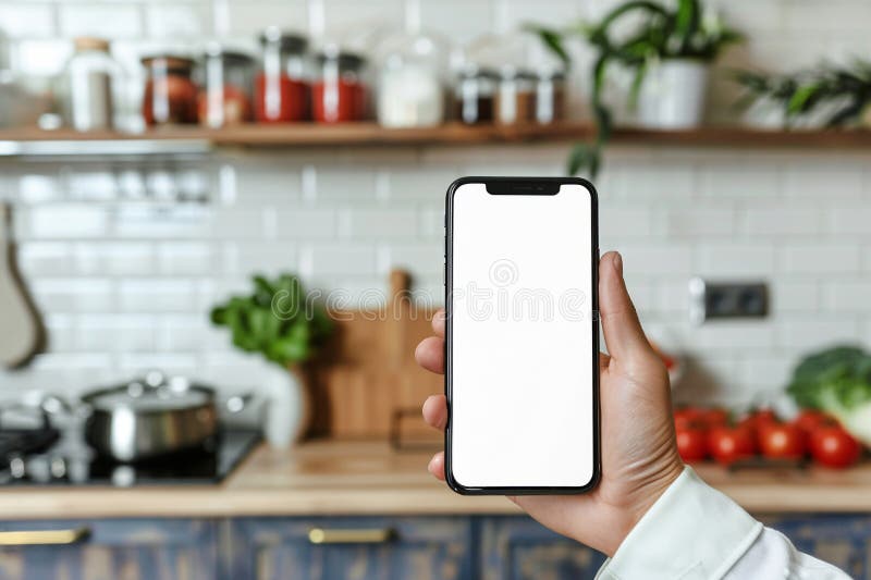 Mockup of a Phone with a White Screen in a Kitchen Setting Stock ...